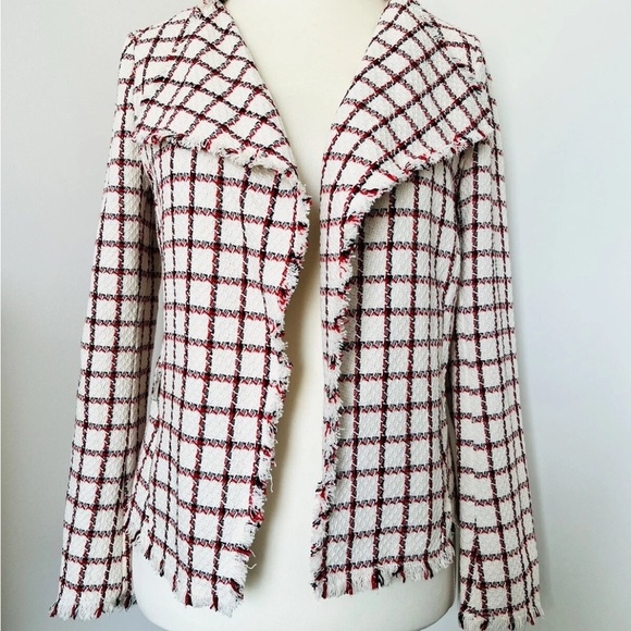 Zara | Jackets & Coats | Zara White Black Red Windowpane Fringe Raw ...